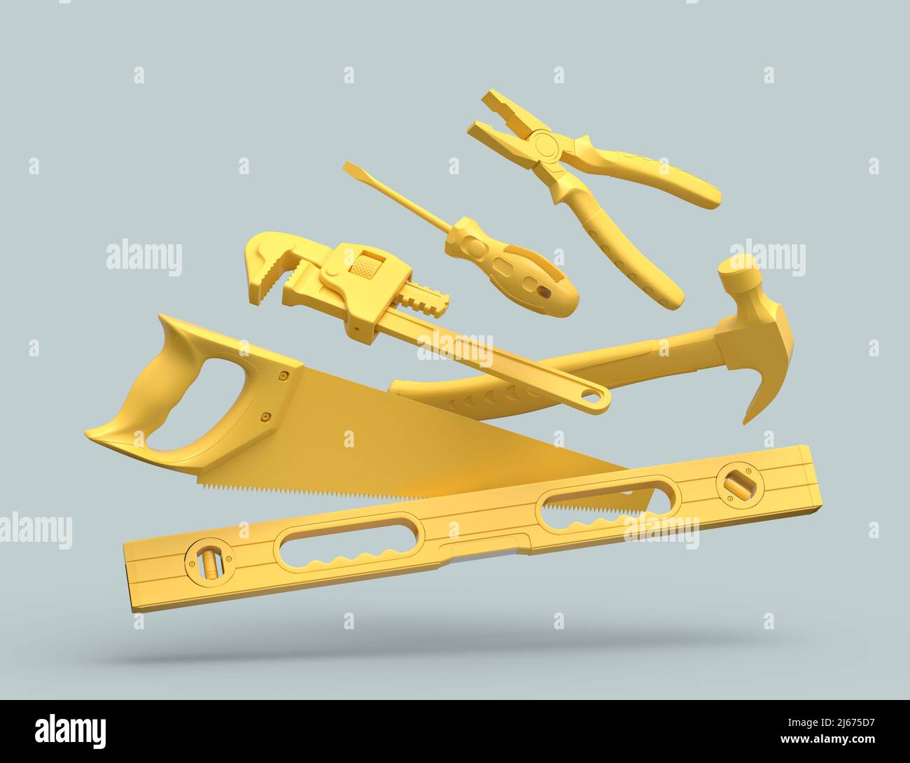 Flying view of yellow construction tools for repair and installation on ...