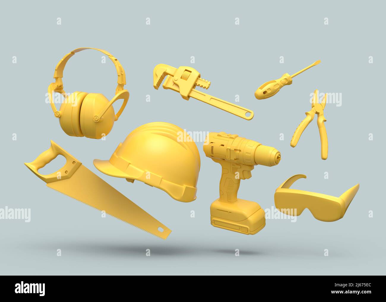Flying view of yellow construction tools for repair and installation on ...