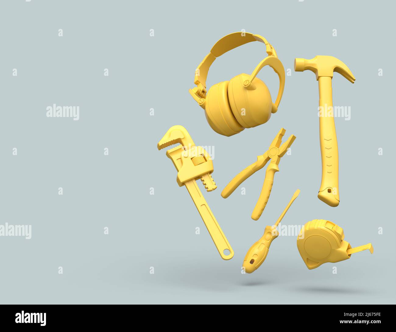 Flying view of yellow construction tools for repair and installation on ...