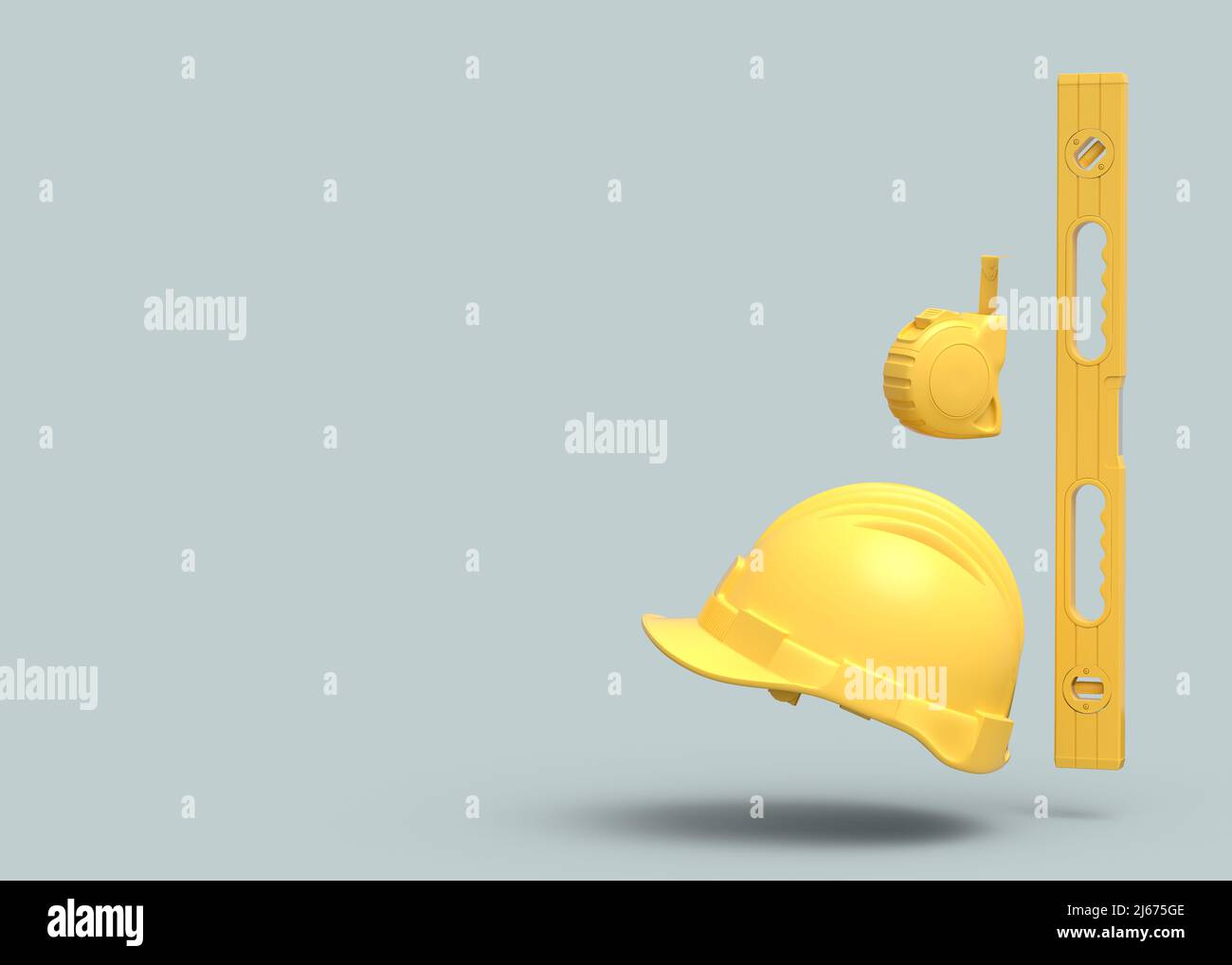 Flying view of yellow construction tools for repair and installation on ...