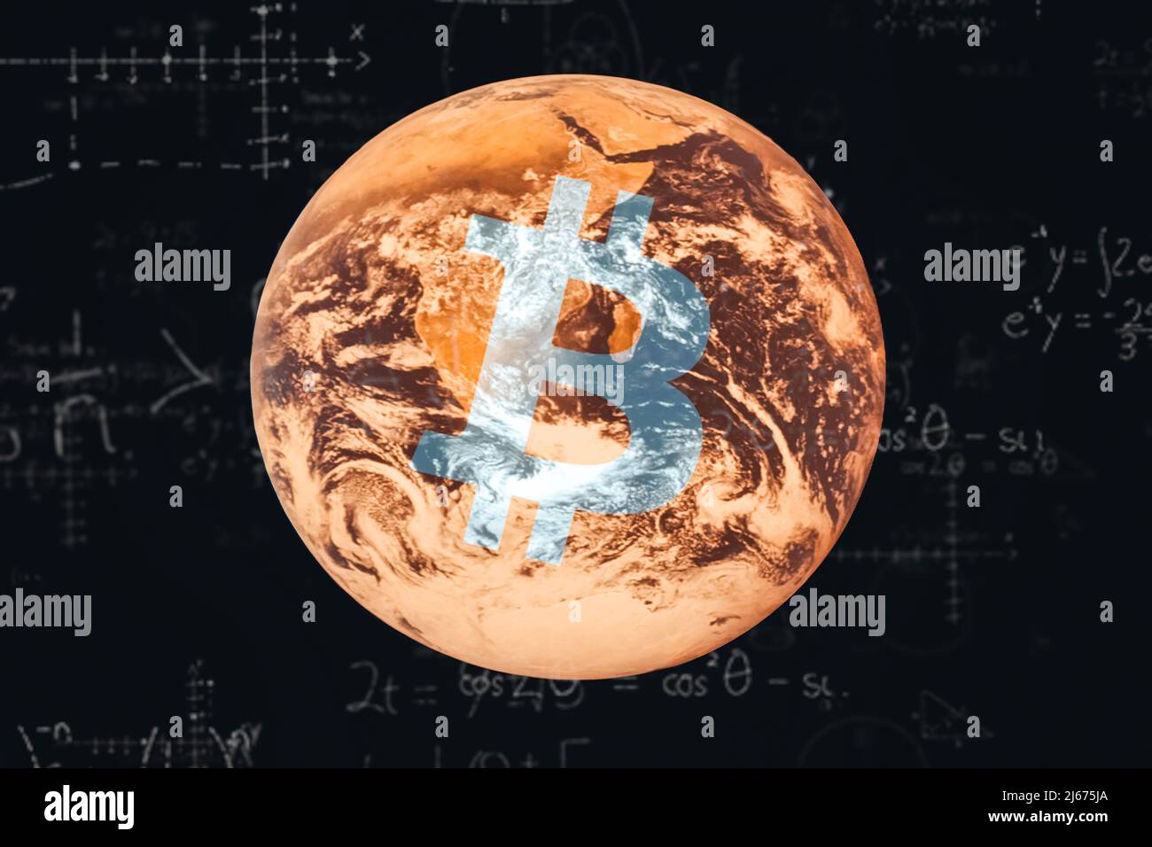 Creative pop conceptual illustration with Bitcoin logo, math formulas ...