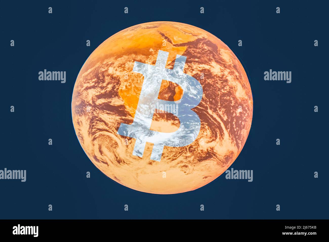 Creative pop conceptual illustration with Bitcoin logo and earth globe ...