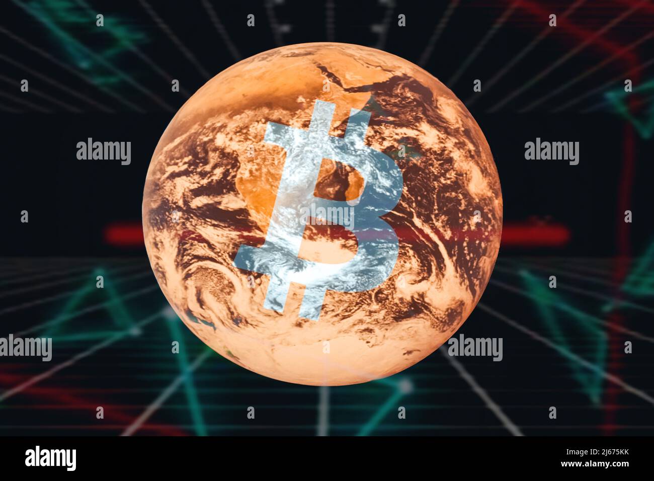 Creative conceptual Bitcoin illustration with earth globe and neon ...