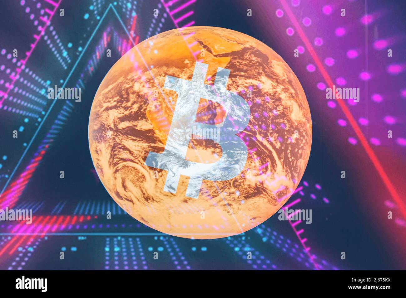 Creative conceptual Bitcoin illustration with earth globe and neon ...