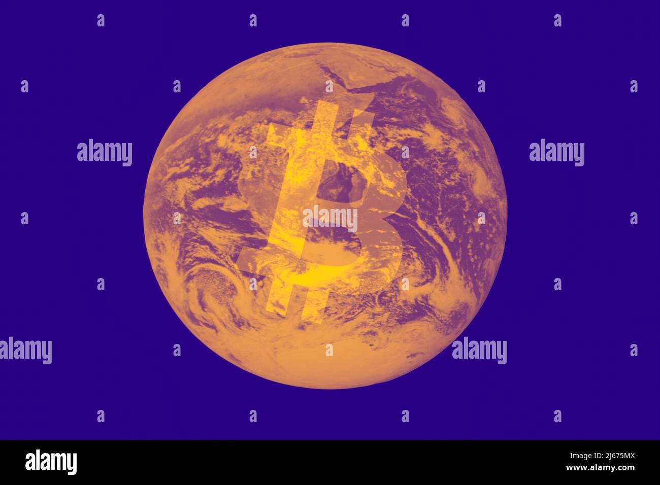 Creative pop conceptual illustration with Bitcoin logo and orange earth ...