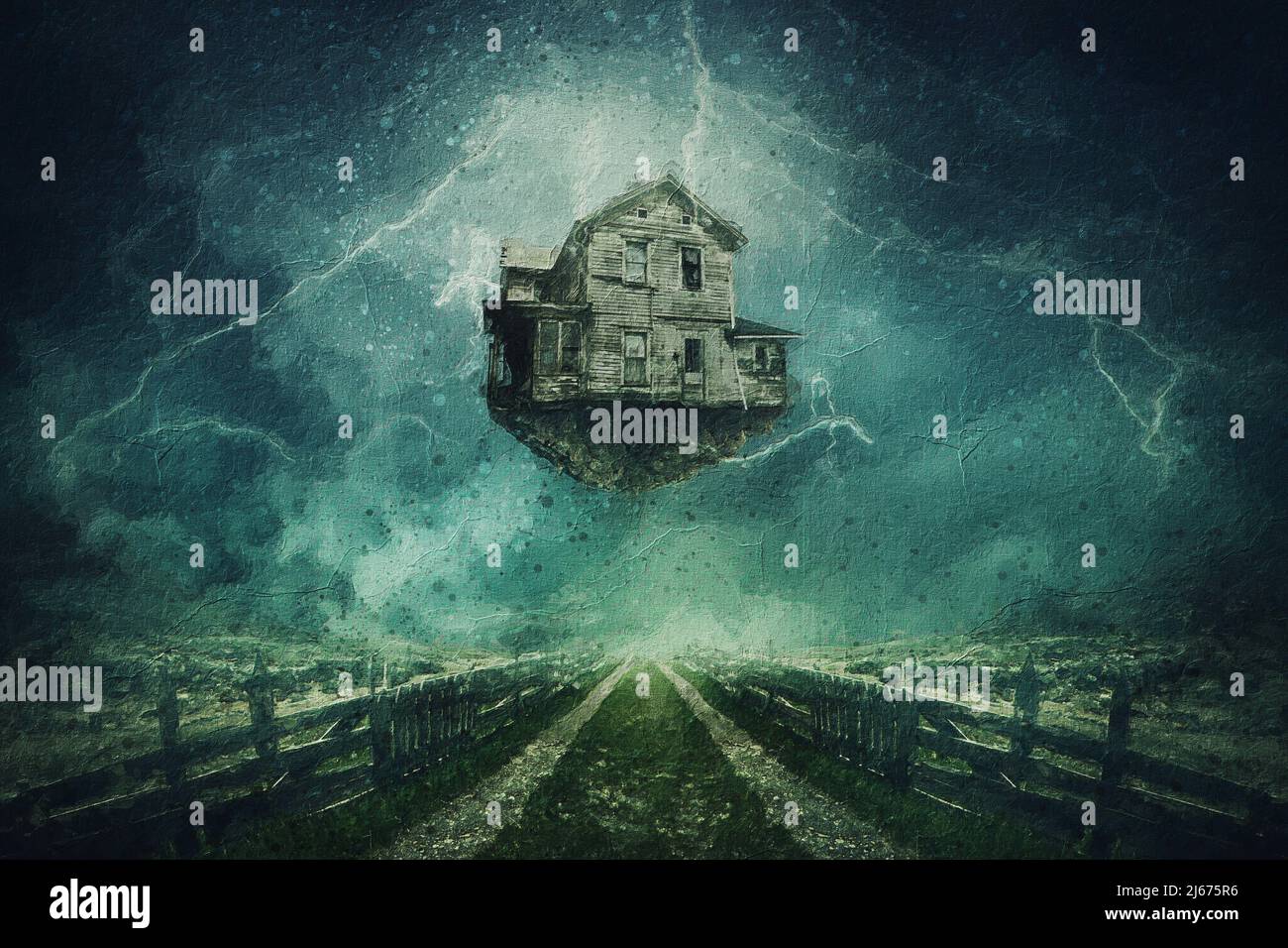 Alluring painting of a flying haunted house with stormy clouds and ...
