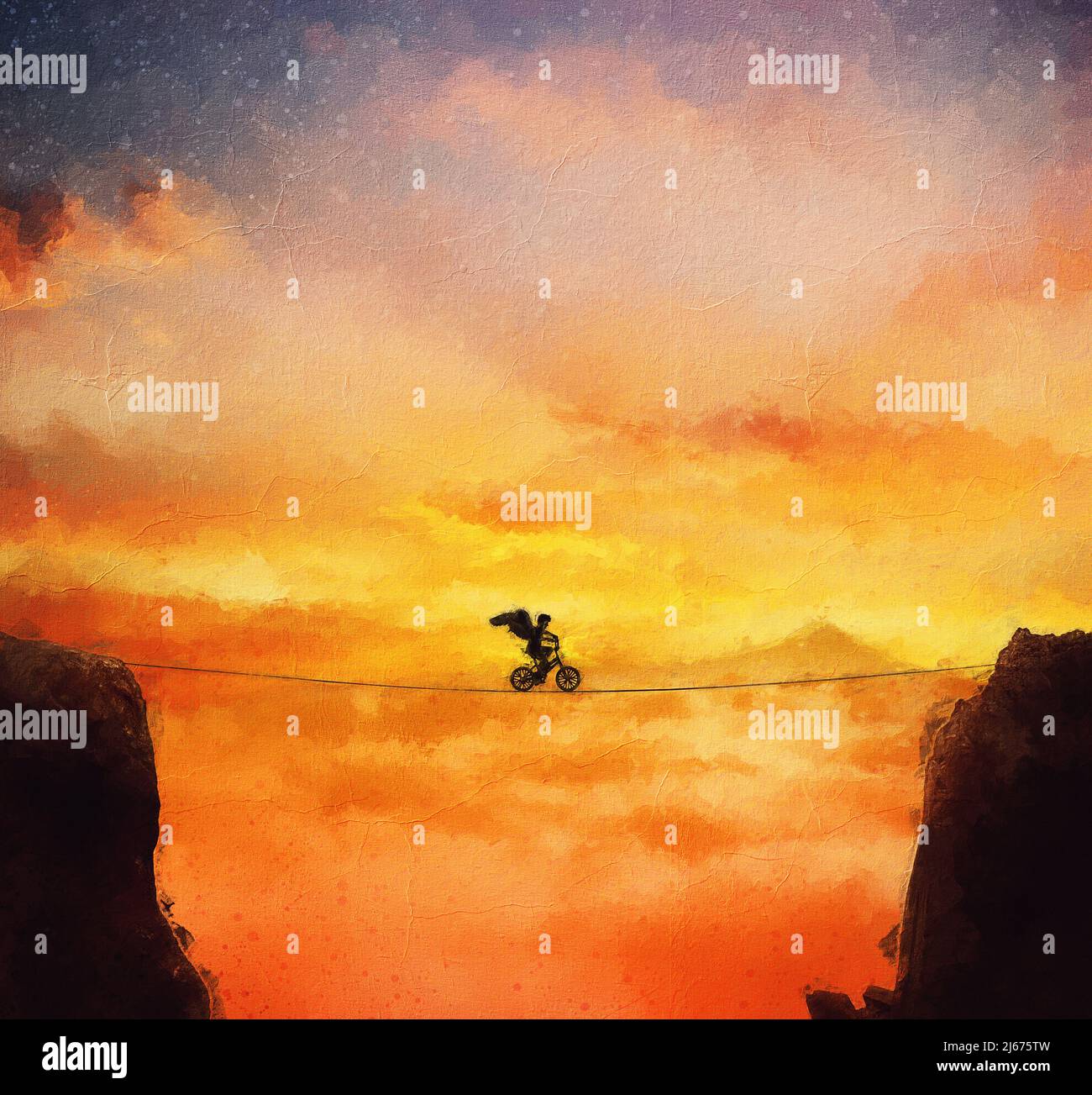 Alluring painting with an adventurer person slacklining on a bicycle ...