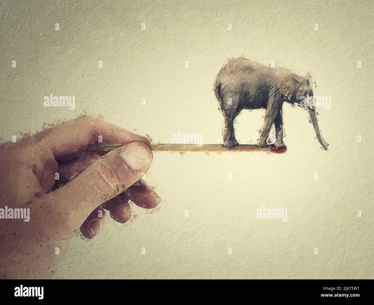 Surreal painting with a tiny elephant balancing on the edge of a ...