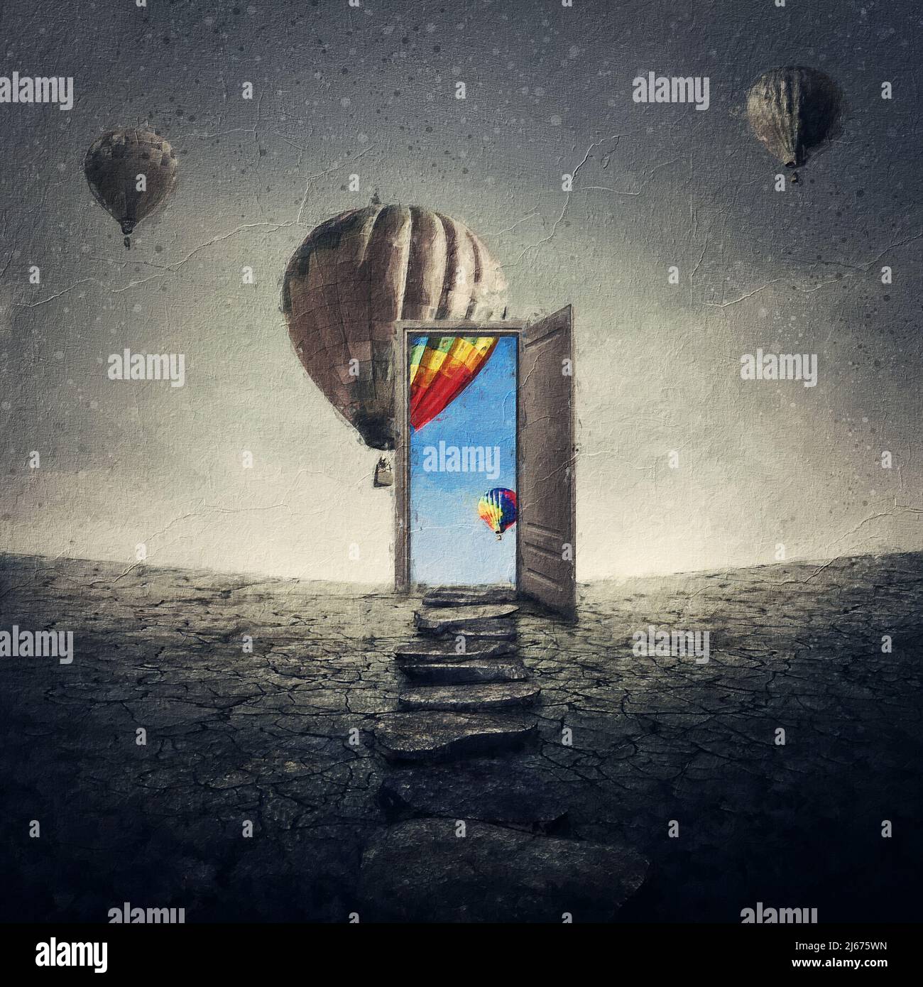 Surreal painting of a imaginary door to another, better world. Pathway ...