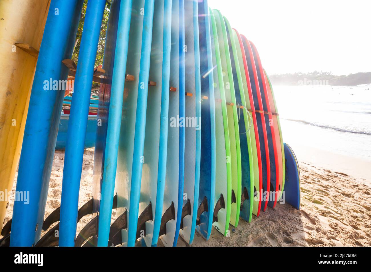 Set of different color surf boards in a stack by ocean in Sri Lanka ...
