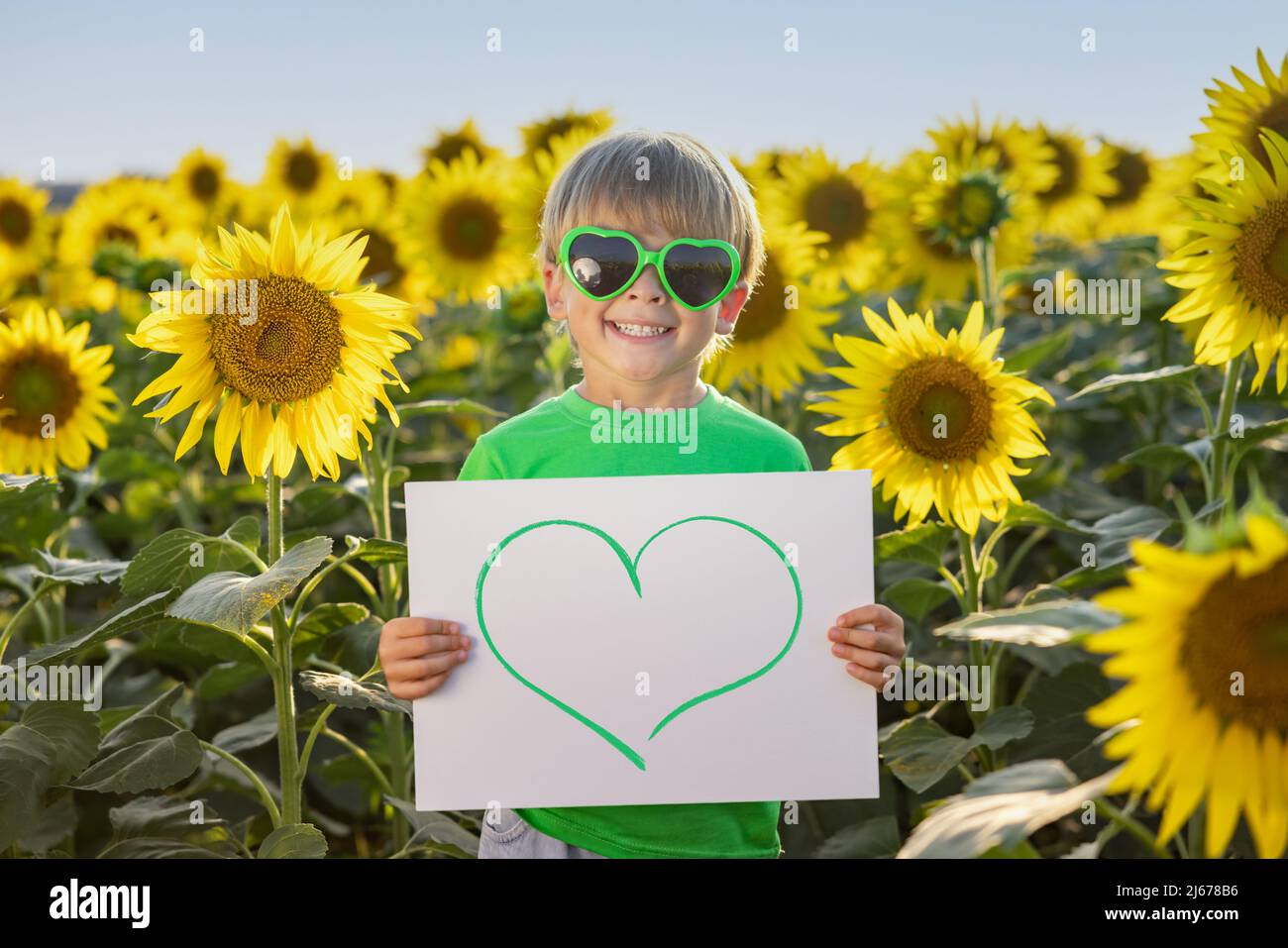 Happy child having fun in spring field of sunflowers. Kid holding paper ...