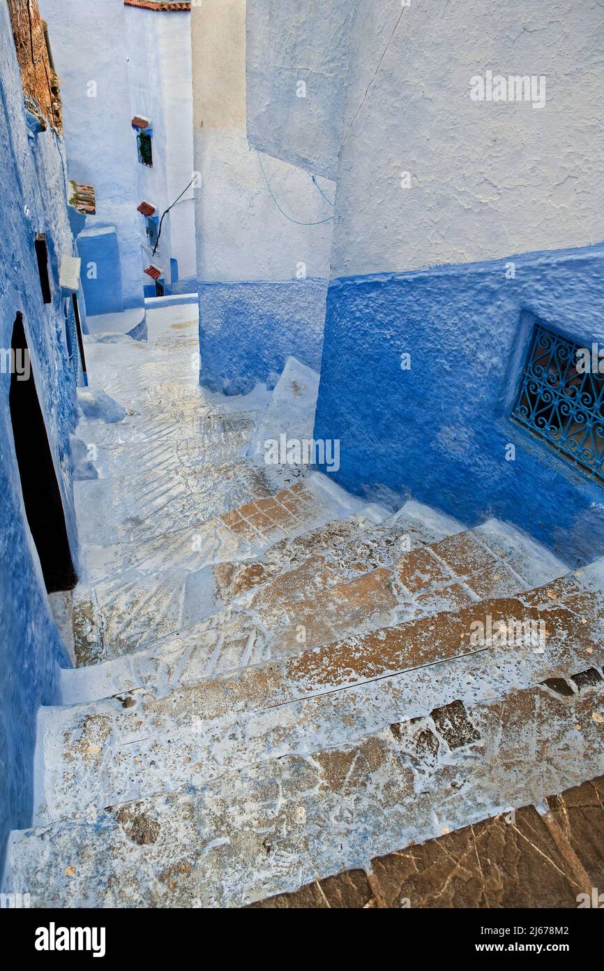 Colorful houses and steep walkway in Chefchouen, Morocco Stock Photo ...