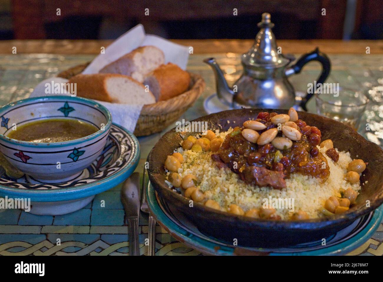 Couscous with beef and onions at restaurant in Chefchouen, Morocco ...