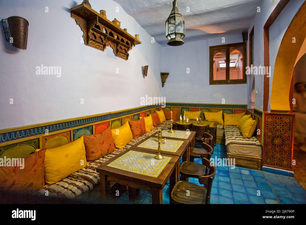 Traditional restaurant dining room in Chefchaouen, Morocco Stock Photo ...