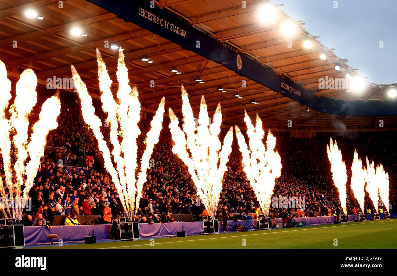 Leicester, UK. 28th April 2022. Pyrotechnics before the UEFA Europa ...