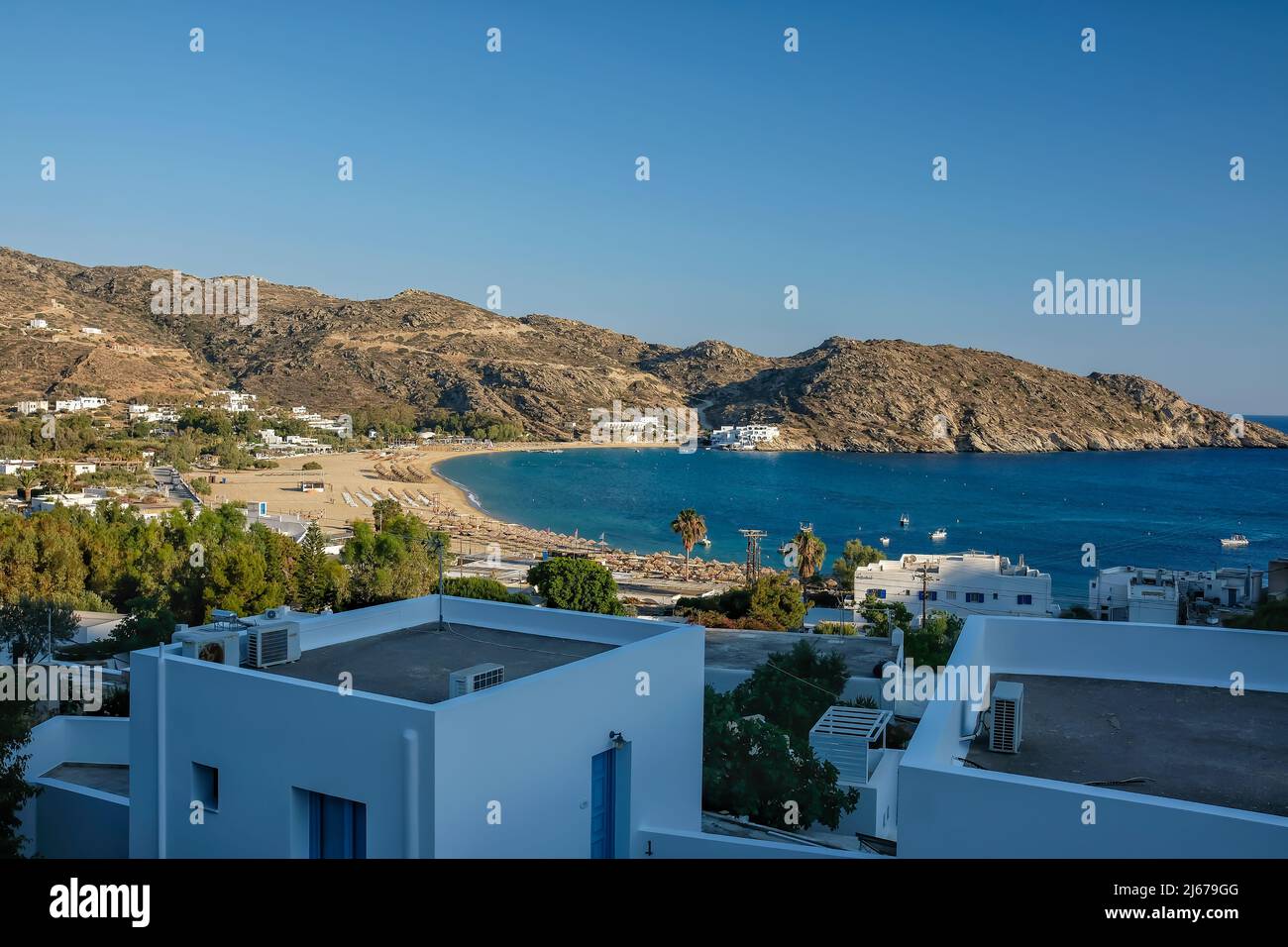 Panoramic view of the famous Mylopotas Beach on the island of Ios Stock ...