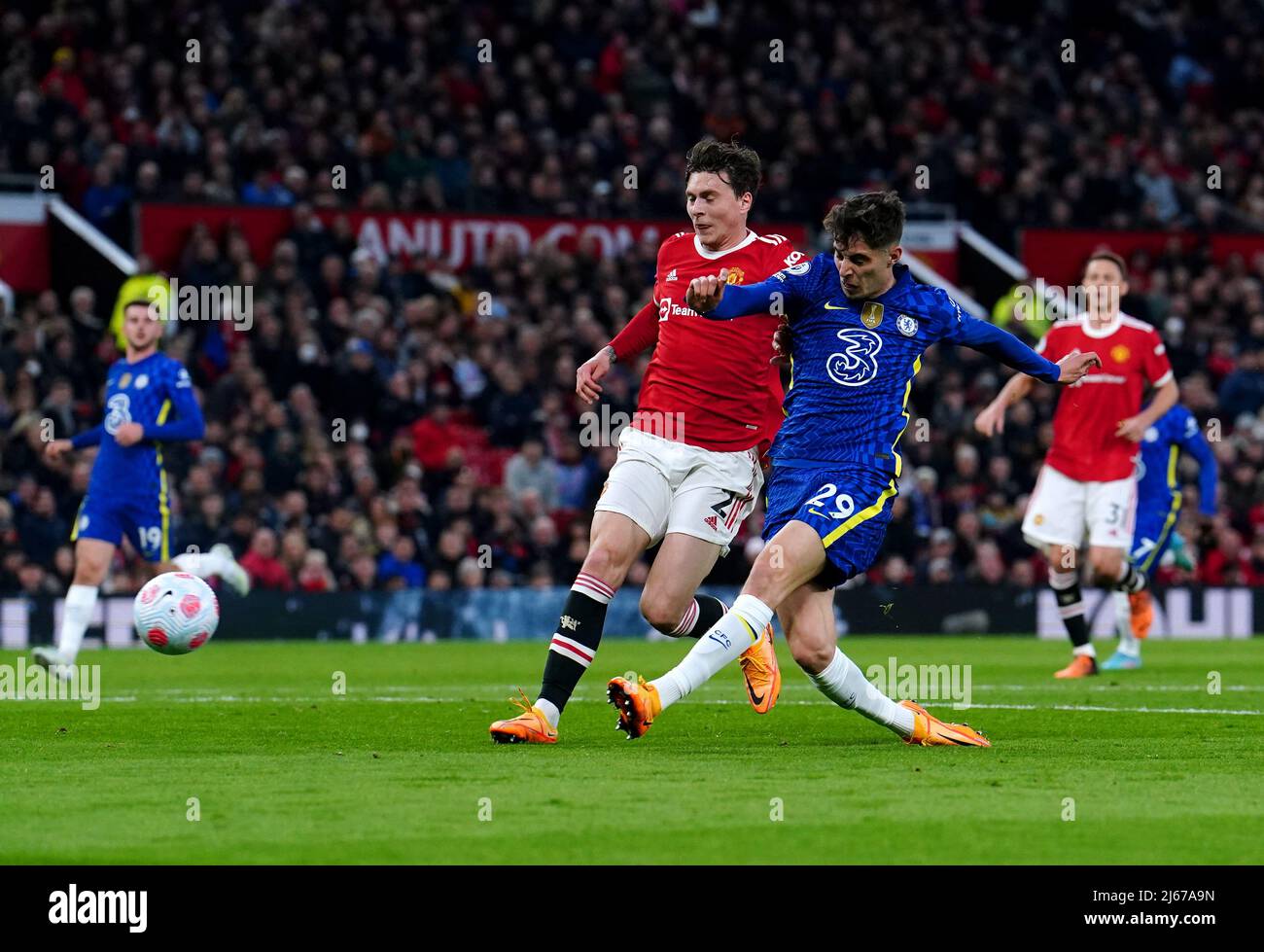 Chelsea's Kai Havertz (right) attempts a shot on goal during the ...
