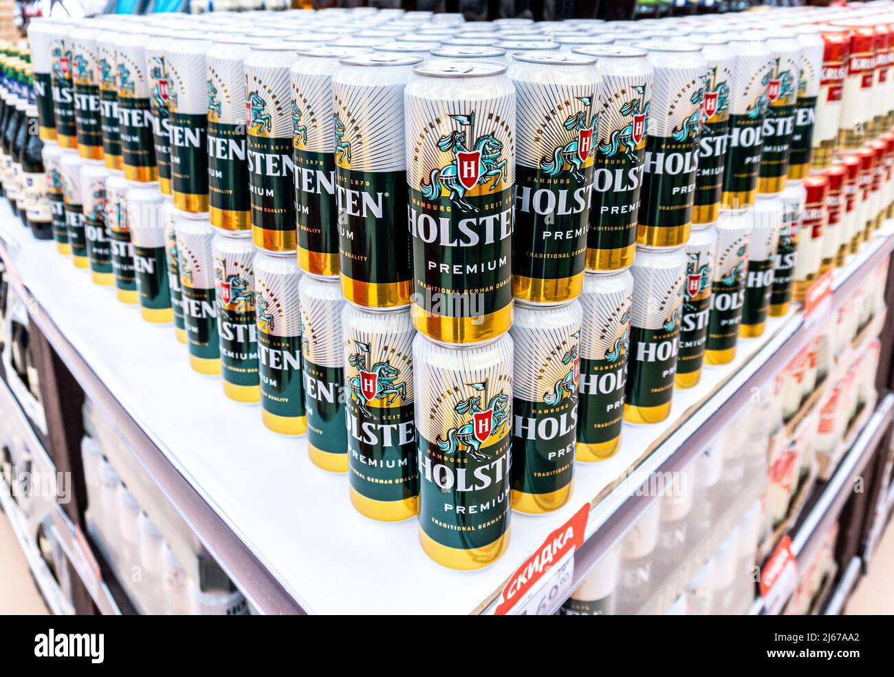 Samara, Russia - April 28, 2022: Holsten alcoholic beer in metal cans ...