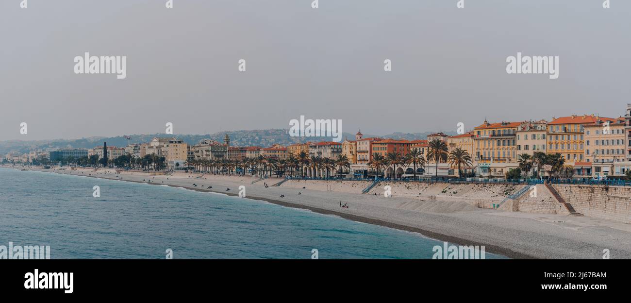 Nice, France - March 11, 2022: Panoramic view of the beaches and the ...