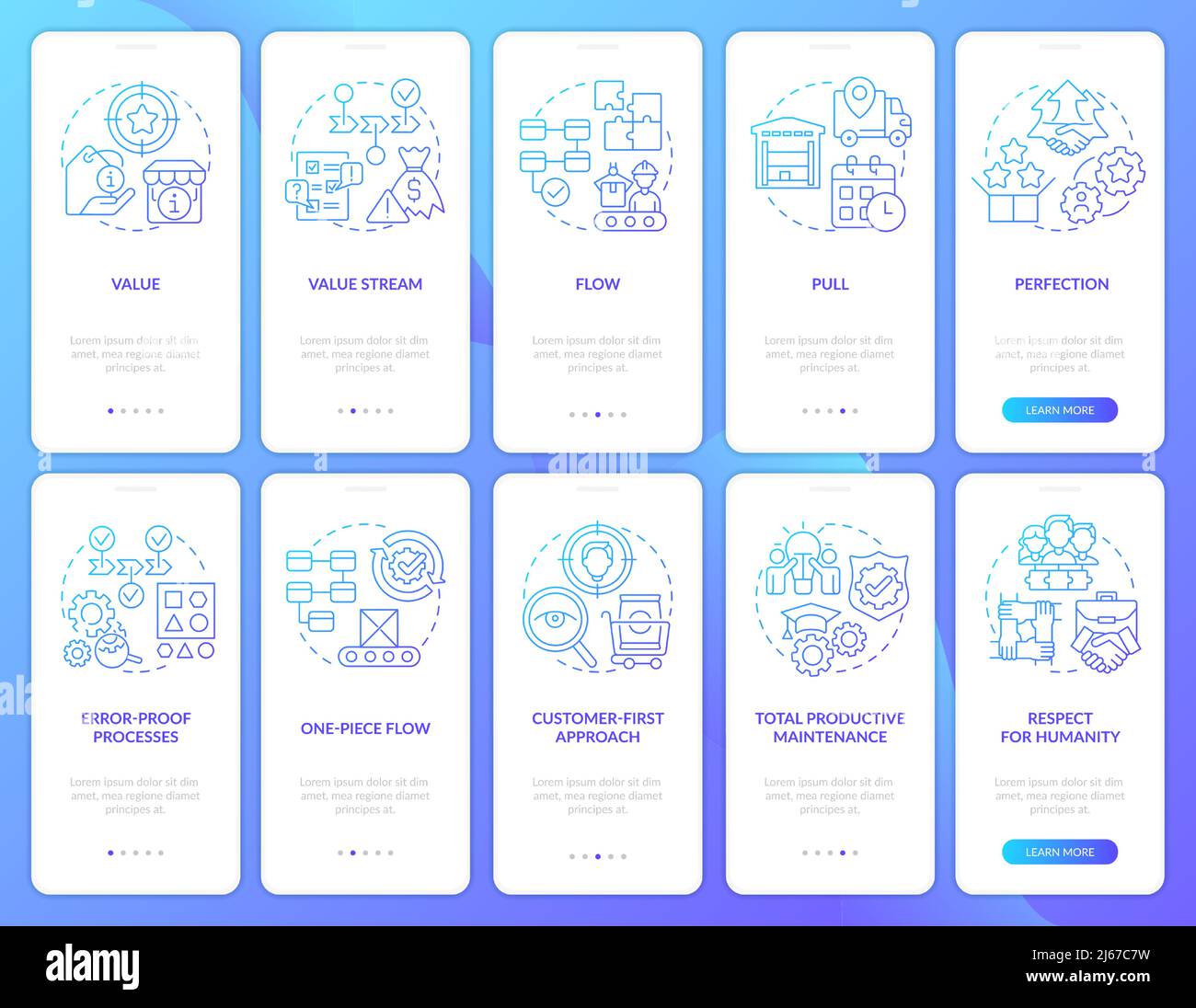 Lean manufacturing blue gradient onboarding mobile app screen set Stock ...
