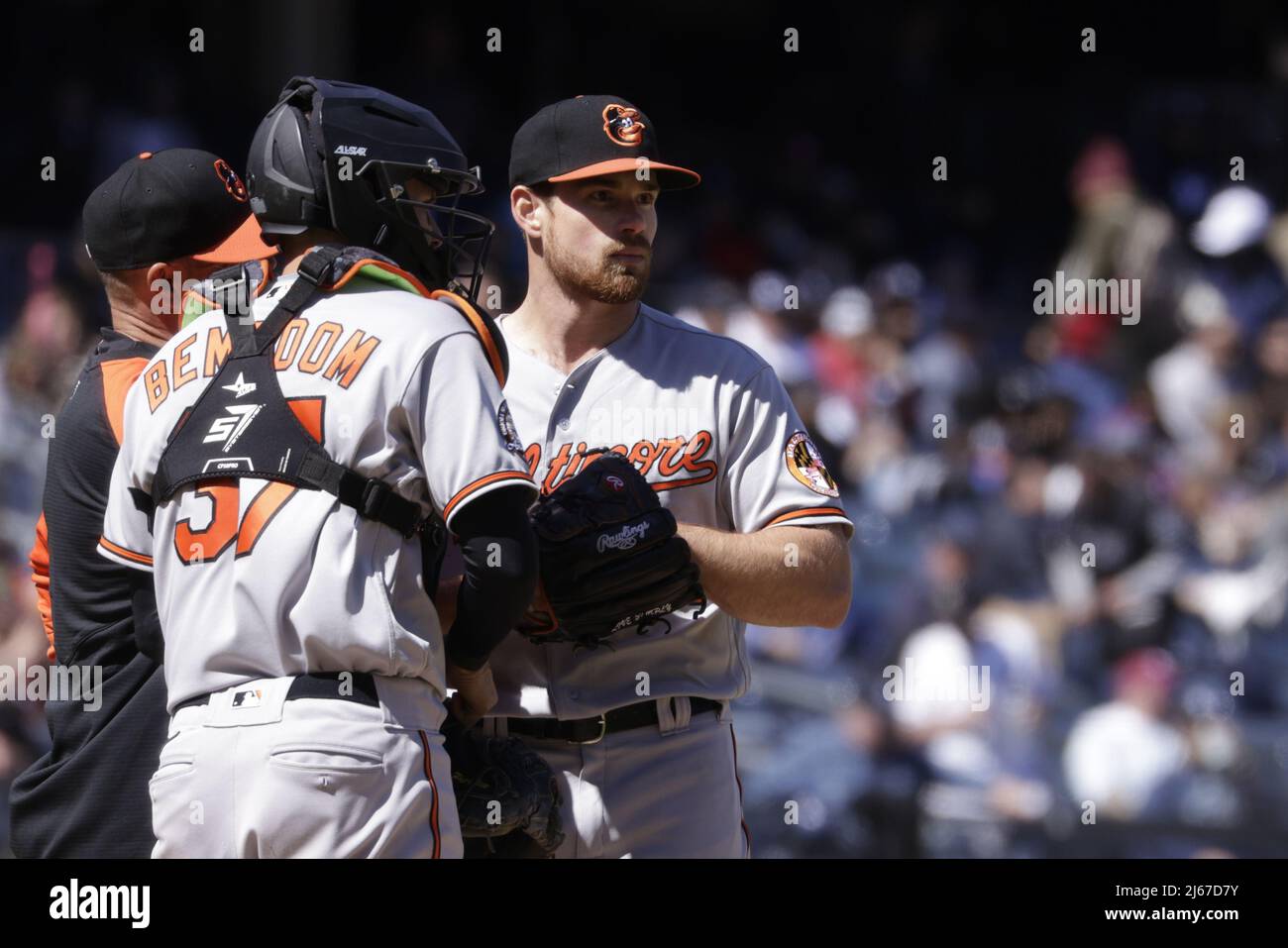 Baltimore Orioles starting pitcher Bruce Zimmermann meets with catcher ...