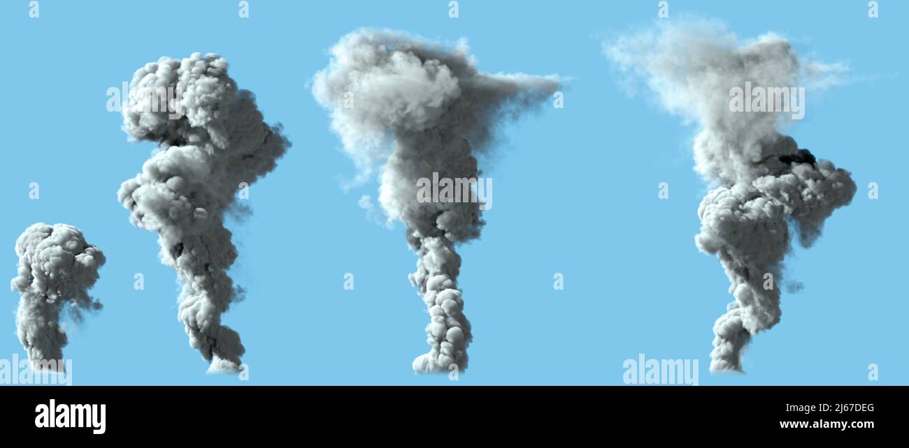 4 different renders of dense white smoke column as from volcano or big ...