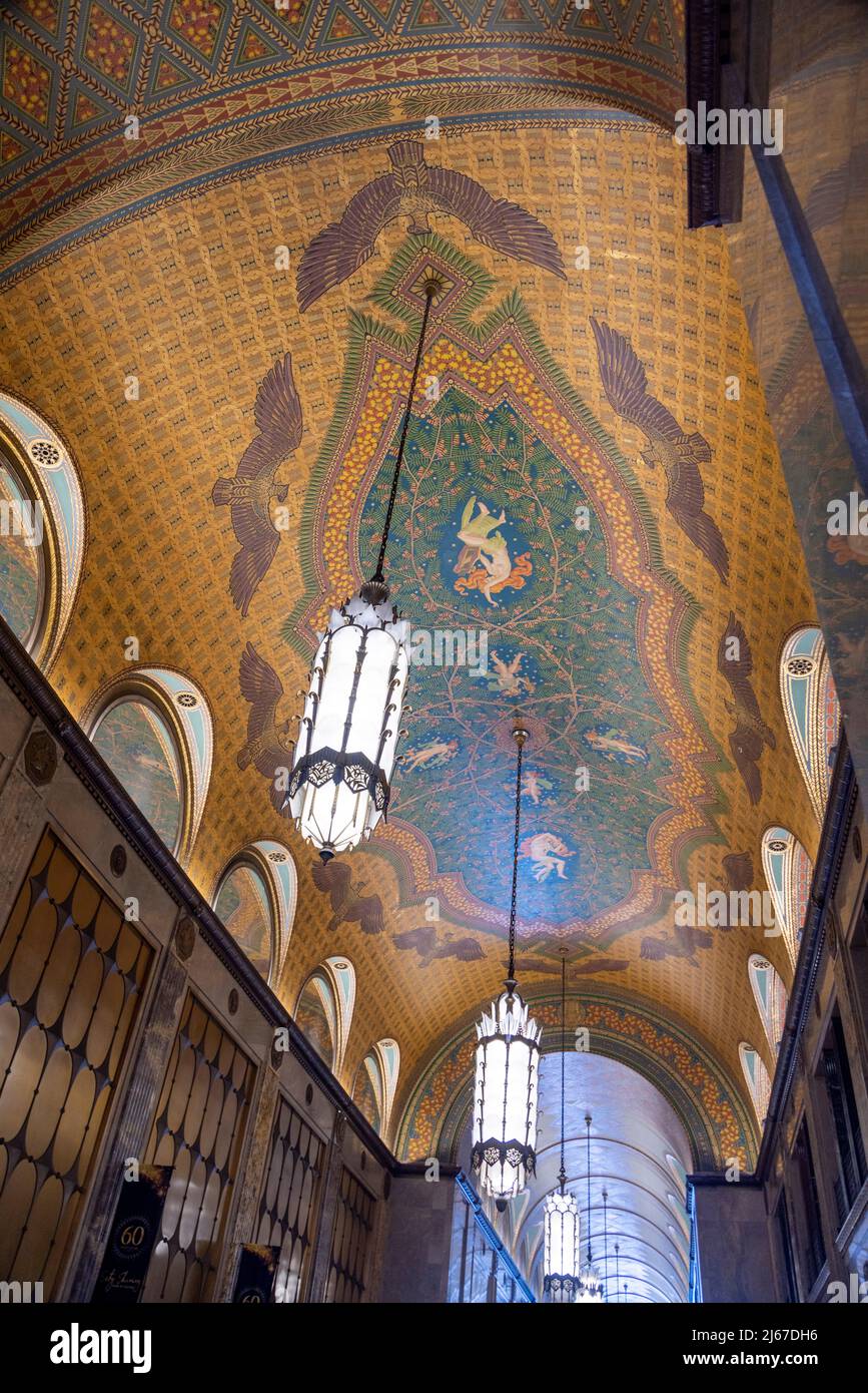detail the opulent marble lined lobby, Fisher building, art deco ...