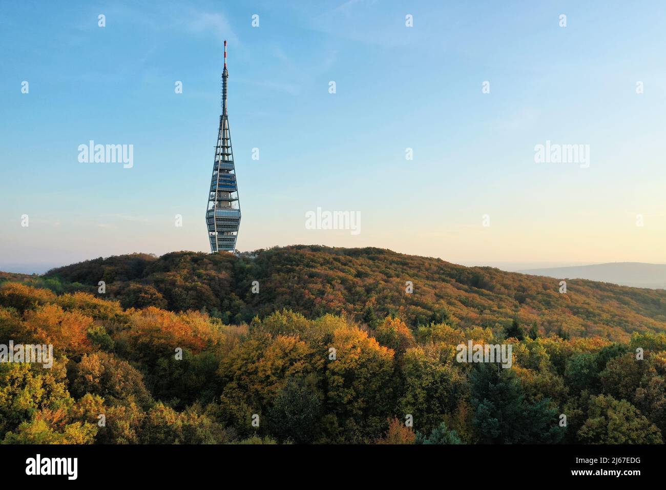 Aerial view on TV tower Kamzik during golden hour, Bratislava, Slovakia ...