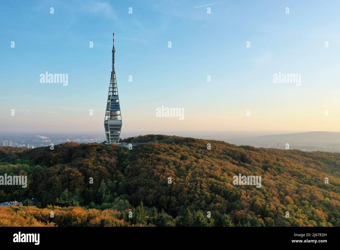 Aerial view on TV tower Kamzik during golden hour, Bratislava, Slovakia ...