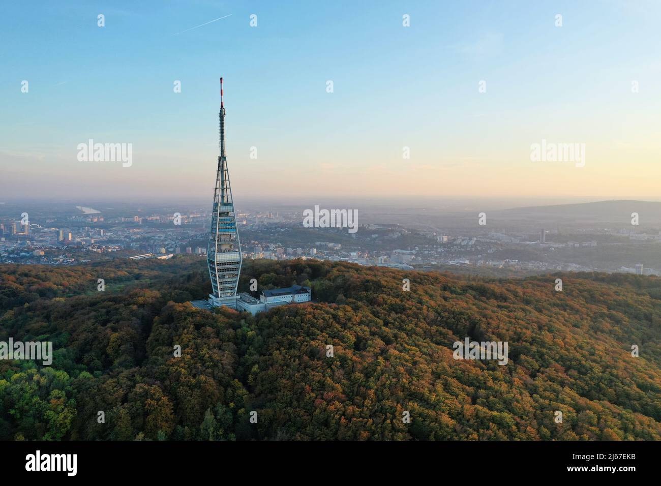 Aerial view on TV tower Kamzik during golden hour, Bratislava, Slovakia ...