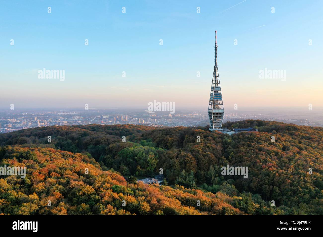 Aerial view on TV tower Kamzik during golden hour, Bratislava, Slovakia ...