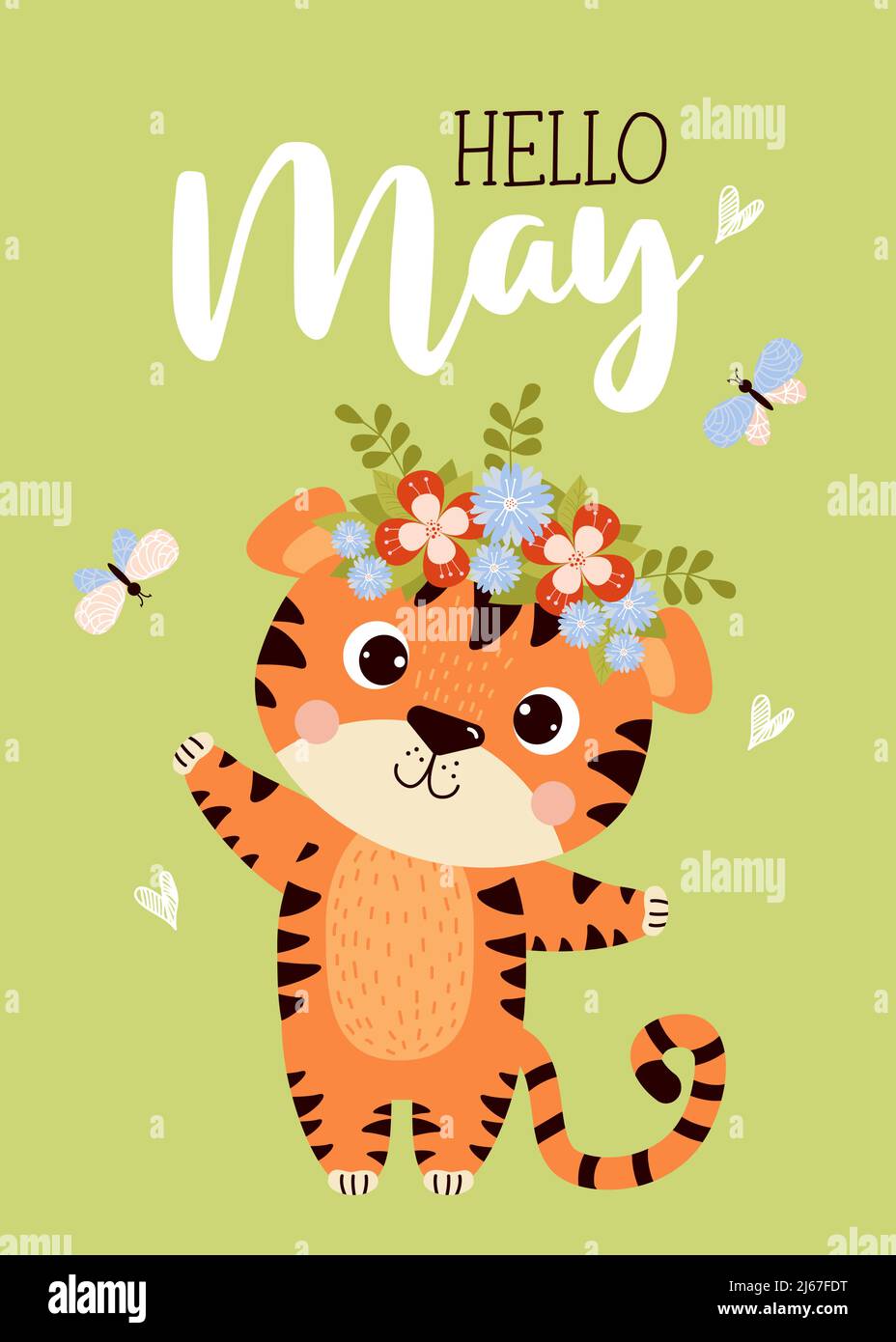 Postcard Hello May. Cute tiger cub with flower wreath on its head and ...