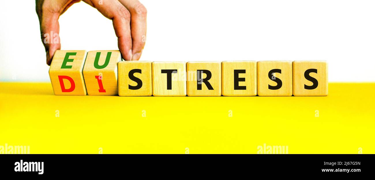 Eustress or distress symbol. Psychologist turns cubes and changes the ...