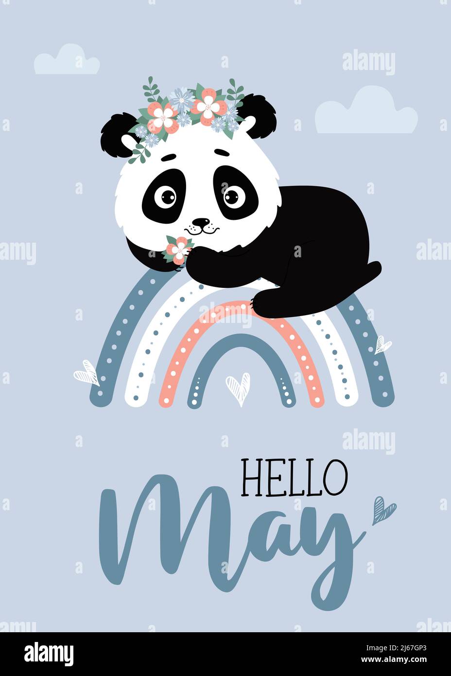 Cute panda with flower wreath on rainbow with clouds. Postcard Hello ...