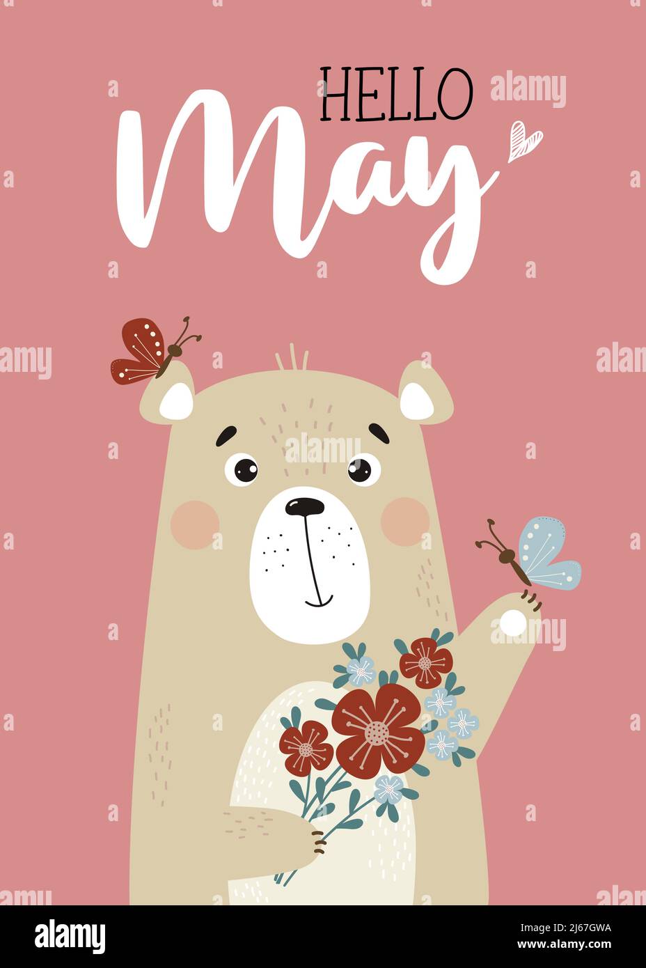 Spring poster Hello May. Cute brown bear with flower bouquet and ...