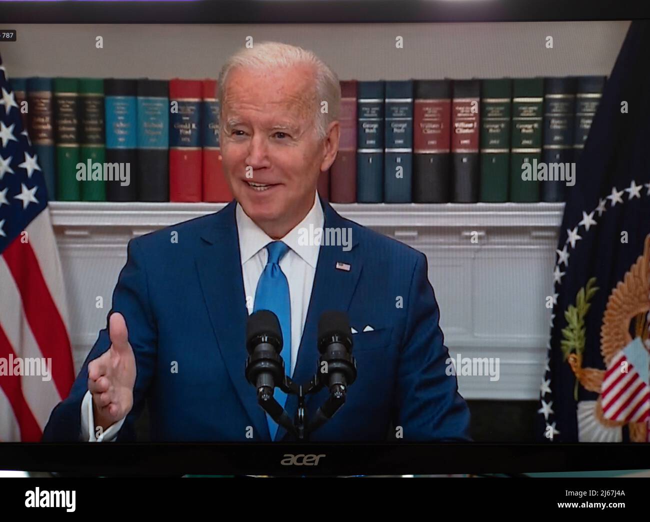 In this photo illustration, an iPad screen showing US President Joe ...