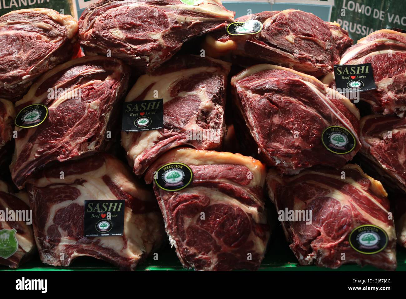 Large pieces of beef on display during the 35th edition of the Salon ...
