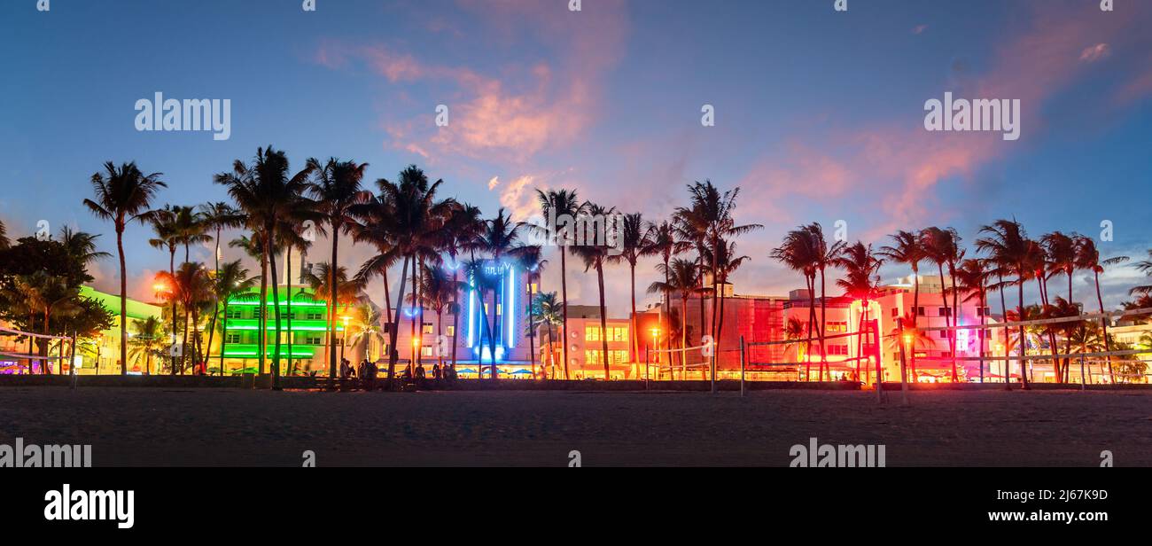 Miami Beach Ocean Drive panorama with hotels and restaurants at sunset ...