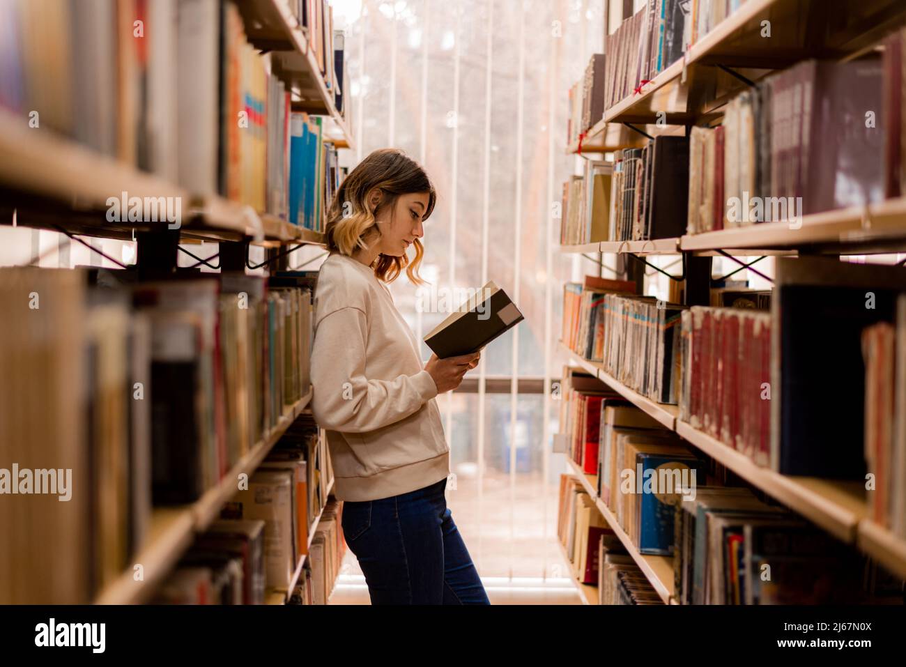 College girl reading a book while standing between the bookshelves ...