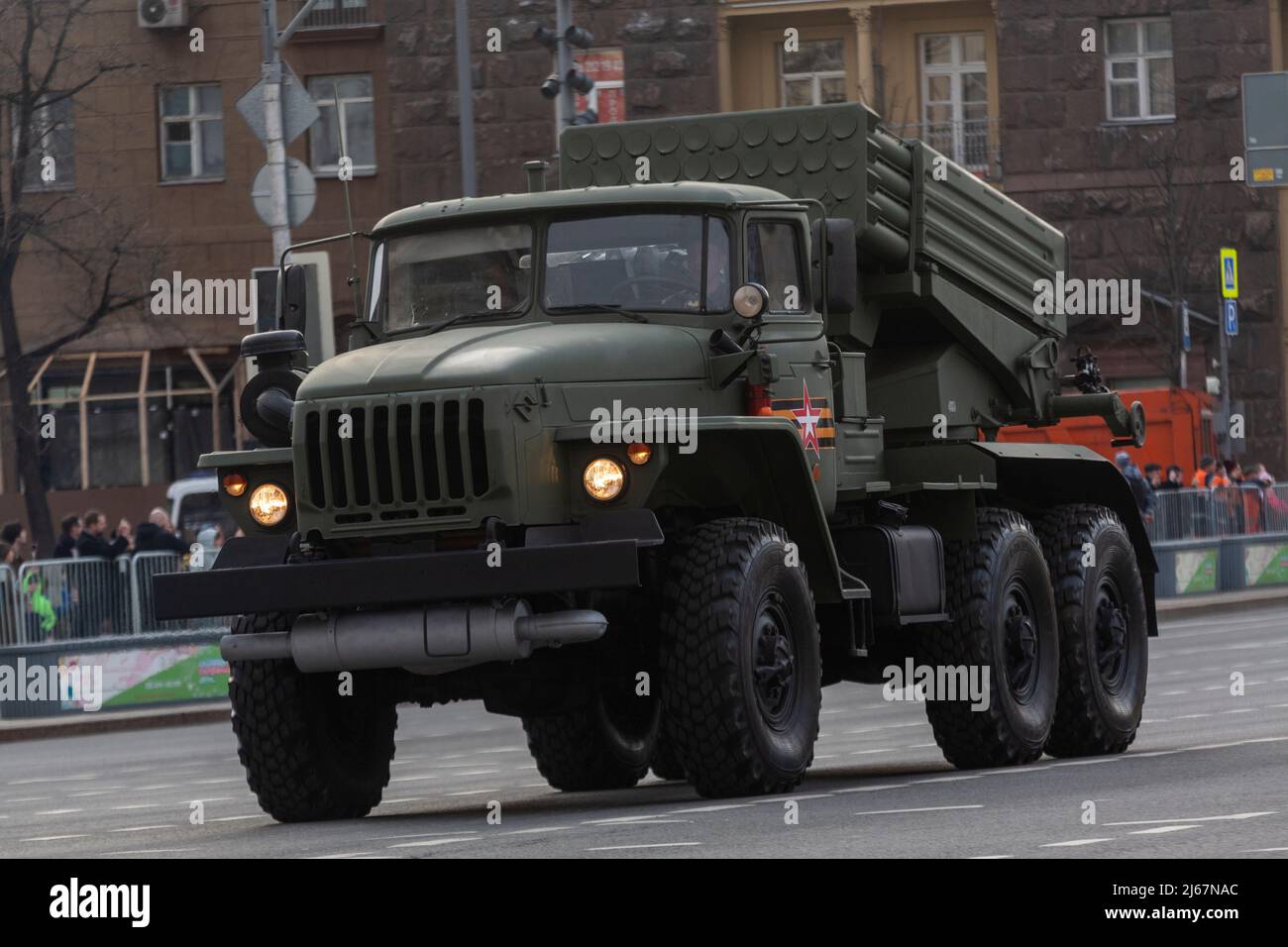 Moscow, Russia. 28th April, 2022. A Tornado-G multiple rocket launcher ...