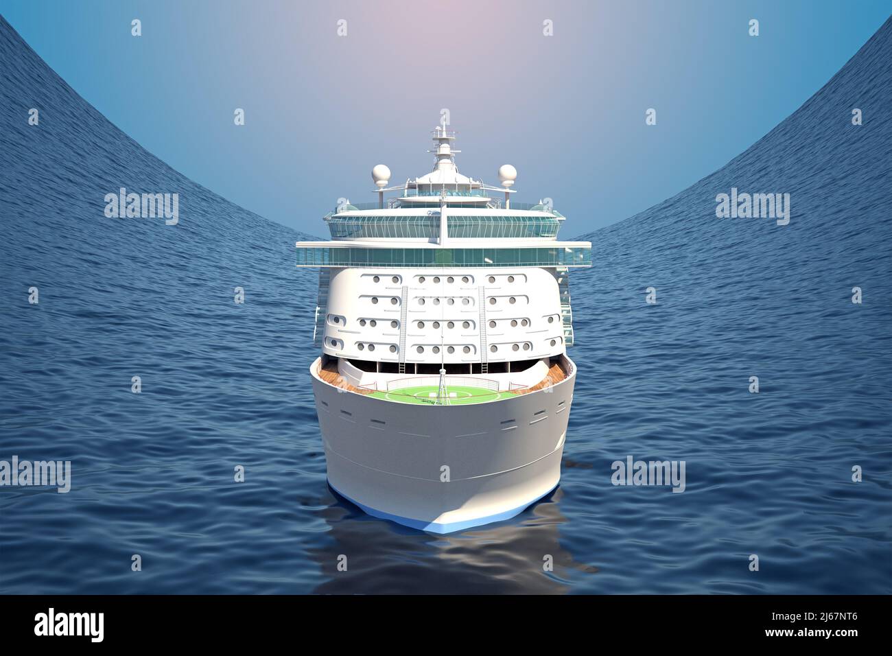 cruise ship on the curved surface of the sea front view. 3d rendering ...