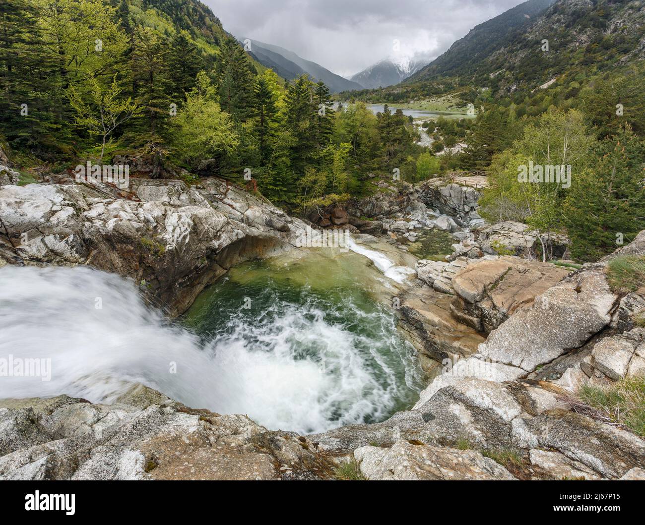 Sant Esperit waterfall at Nicolau river, Aigüestortes national park ...