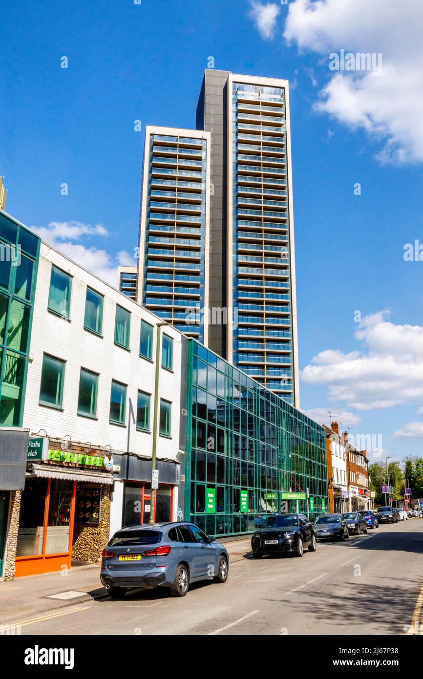 View along Goldsworth Road towards the town centre with the towers of ...