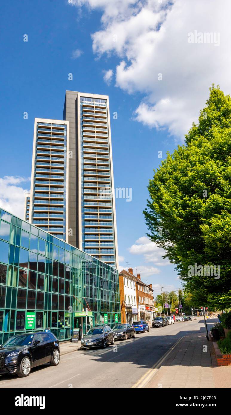 View along Goldsworth Road towards the town centre with the towers of ...