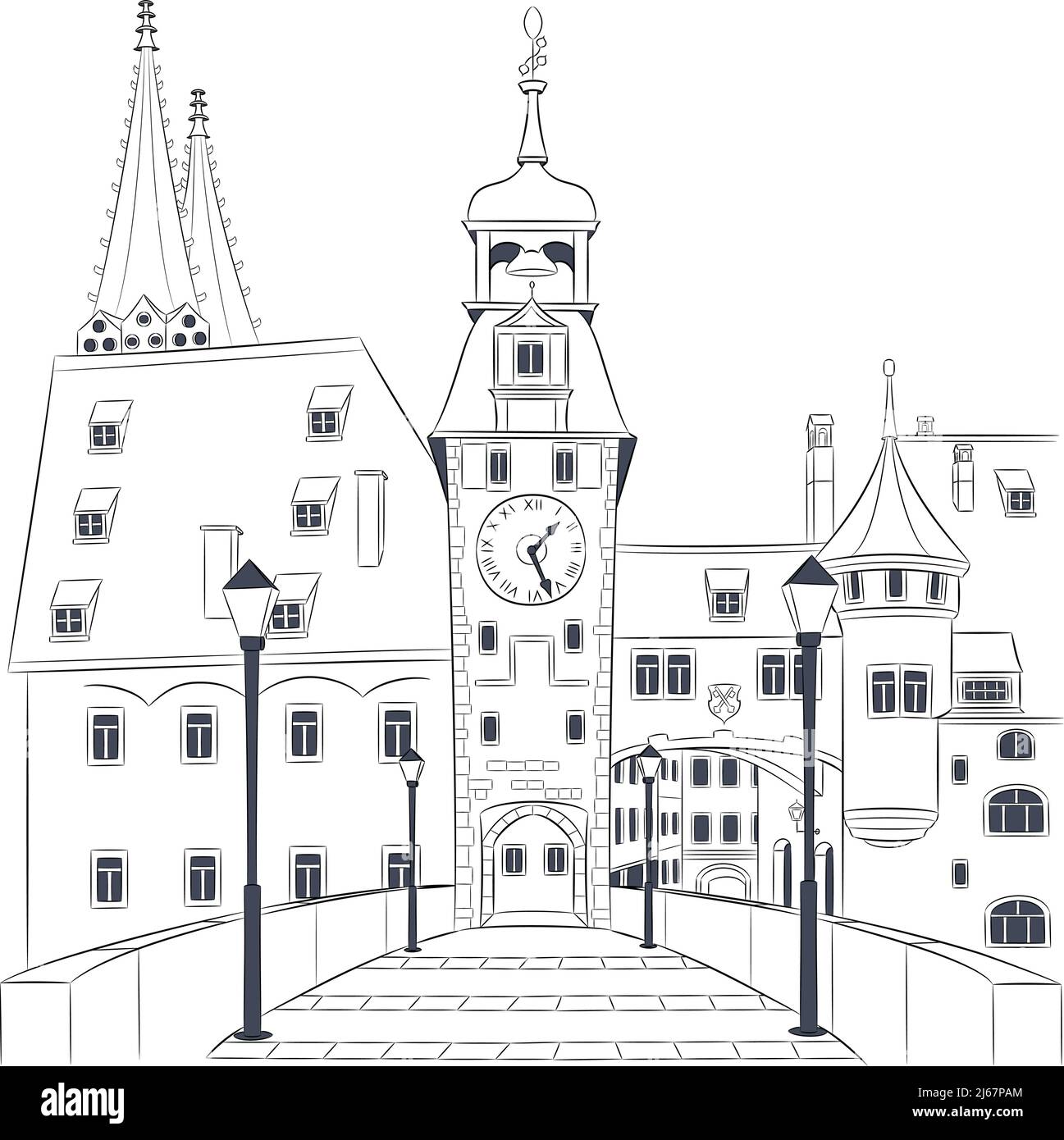 Old medieval stone bridge, city gate, clock tower. Germany. Regensburg ...