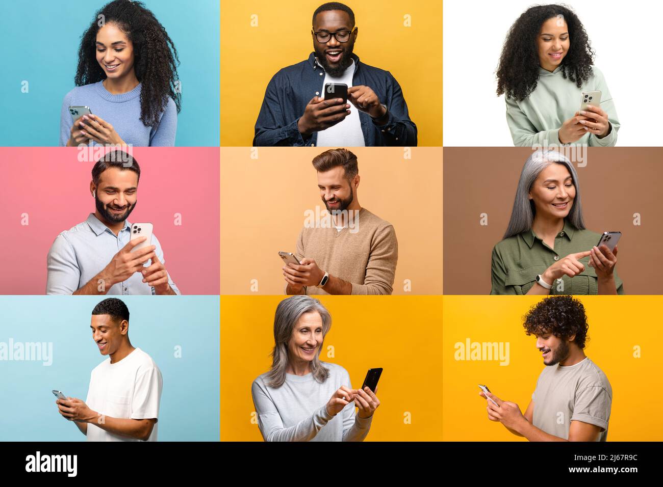 Set of multiracial people using smartphones isolated on color ...