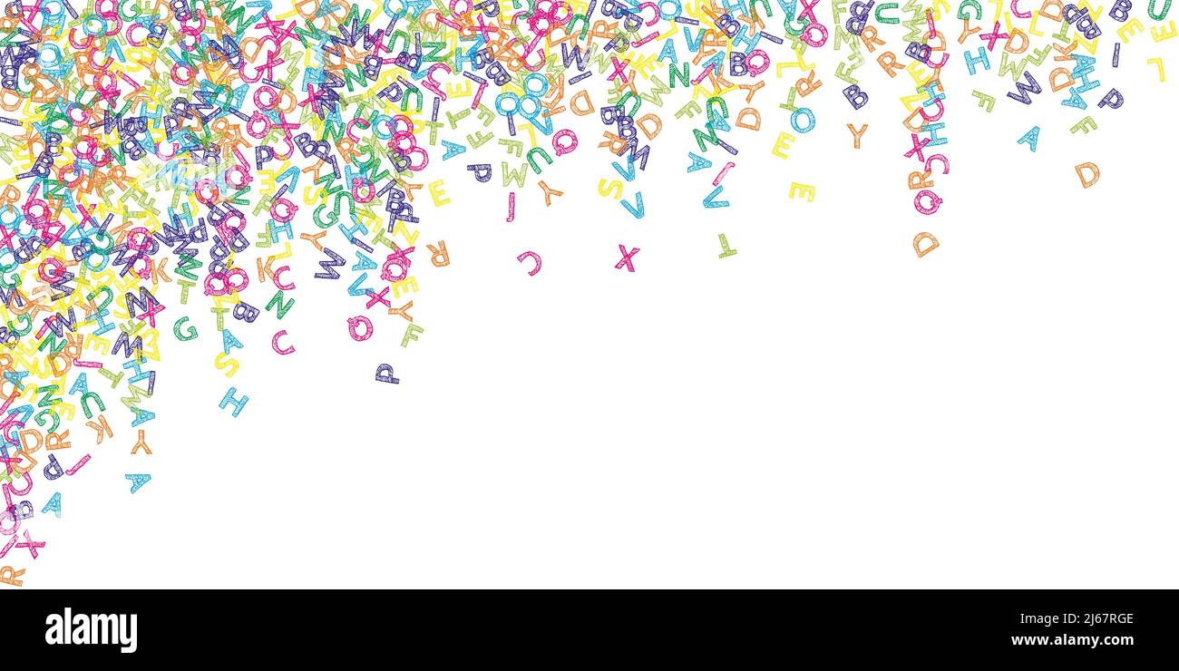 Falling letters of English language. Colorful sketch flying words of ...