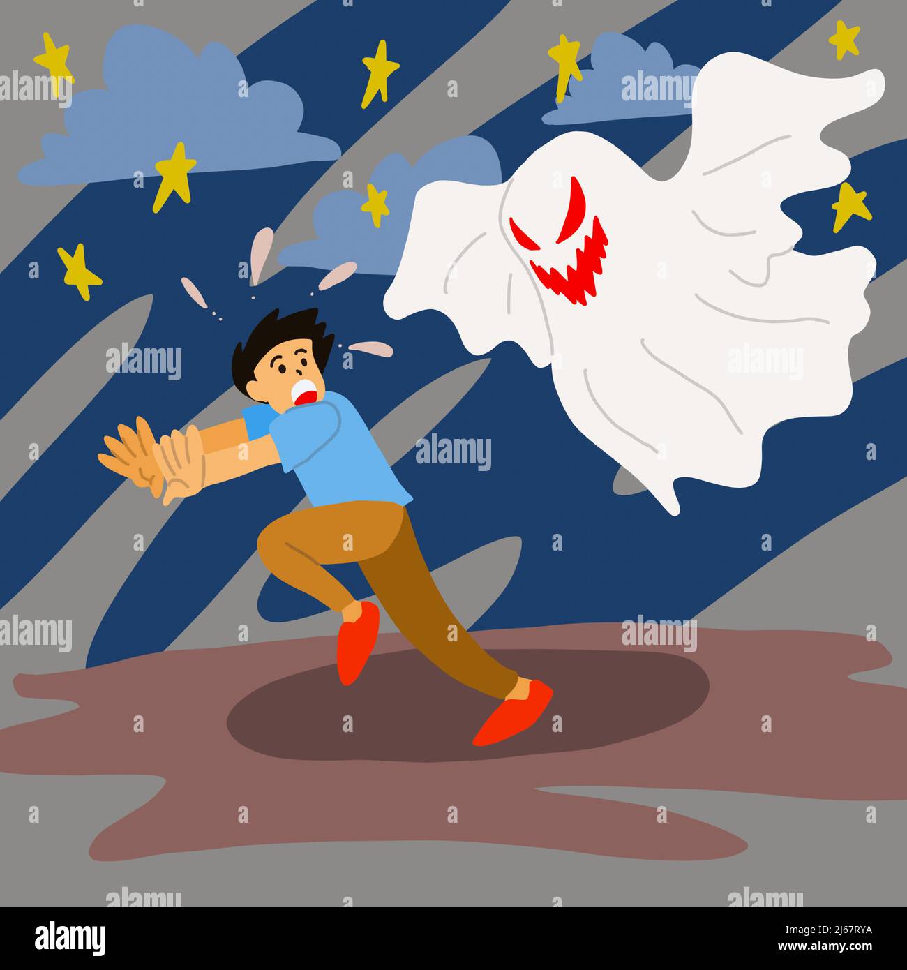 halloween day spooky ghost chasing man running scared, concept ...