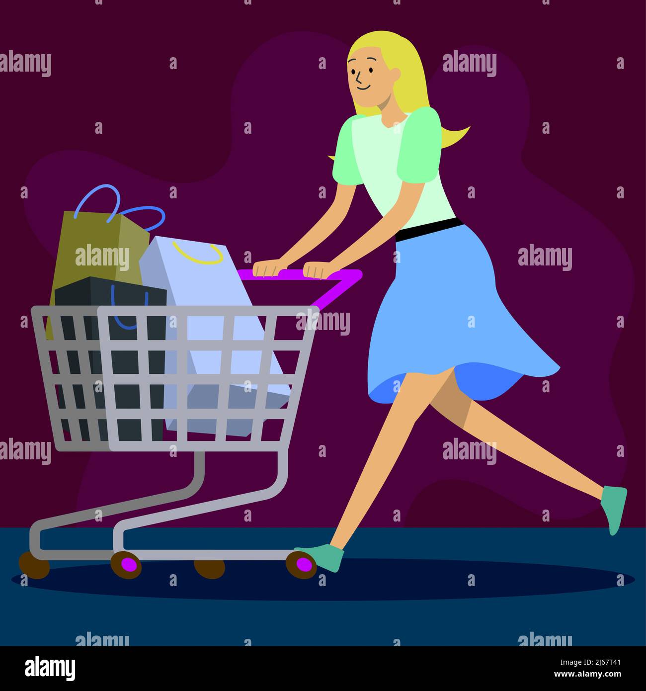 woman is in a hurry to bring a shopping cart to get a promo discount ...