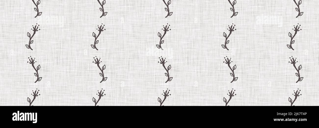 French grey botanical leaf linen border pattern with 2 tone country ...